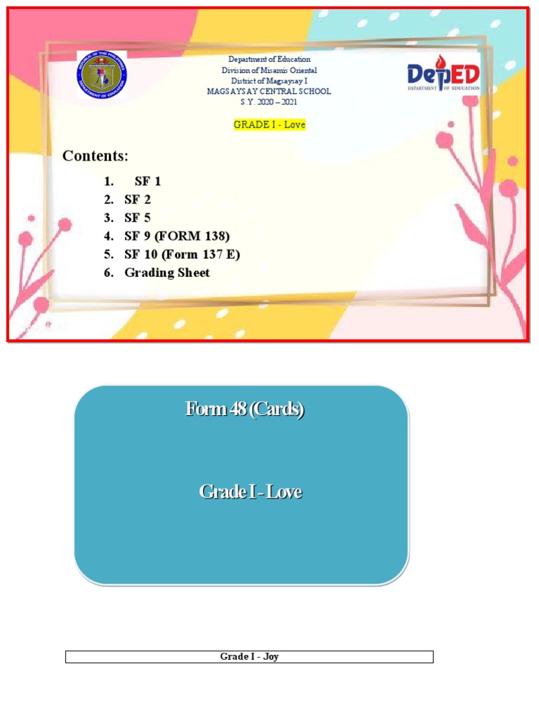 Contents:: 1. SF 1 2. SF 2 3. SF 5 4. SF 9 (FORM 138) 5. SF 10 (Form ...