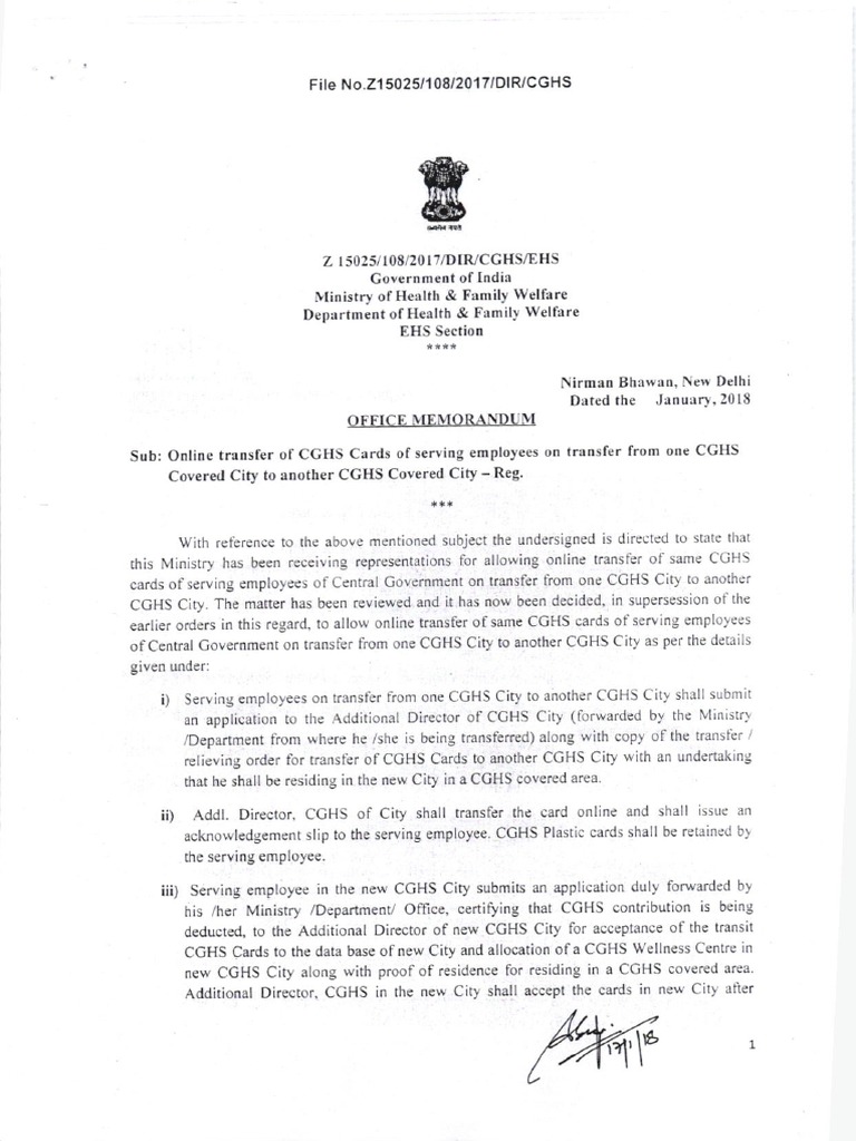 Online CGHS Card Transfer Process | PDF