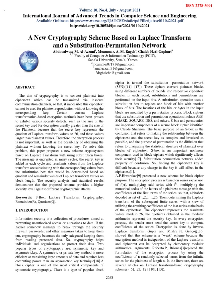 A New Cryptography Scheme Based On Laplace Transform and A Substitution-Permutation Network ...