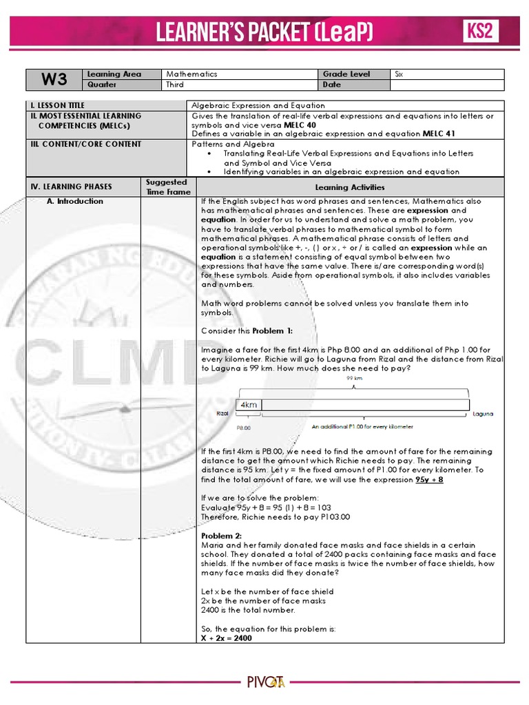LeaP Math 6 Week 3 Q3 | PDF | Variable (Mathematics) | Equations