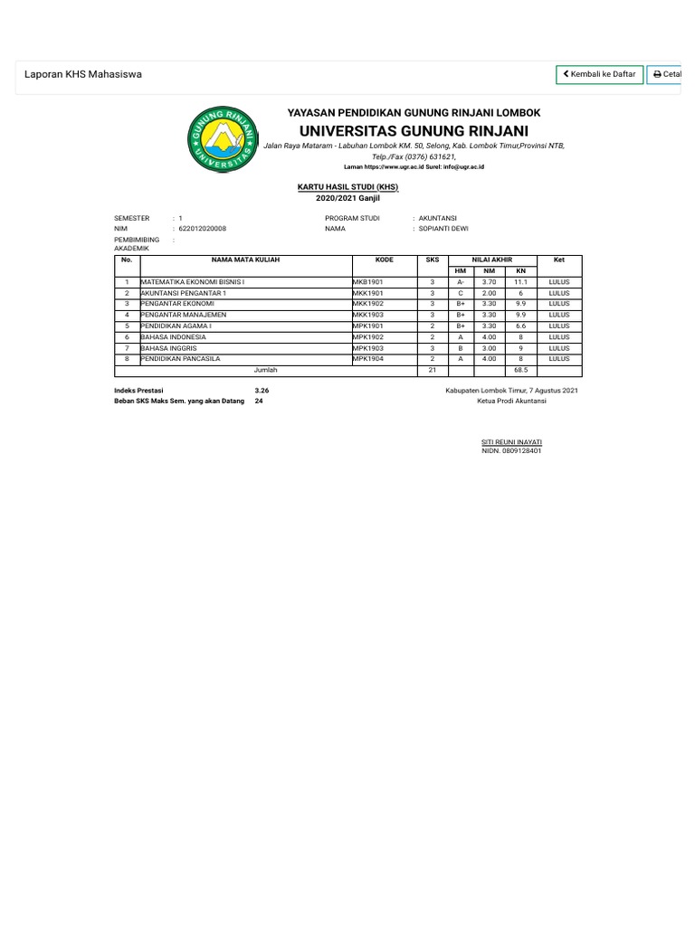 Laporan KHS Mahasiswa Semester 1 | PDF