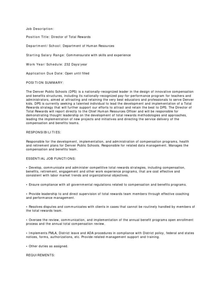 Director of Total Rewards Job Opening | PDF | Compensation And Benefits ...