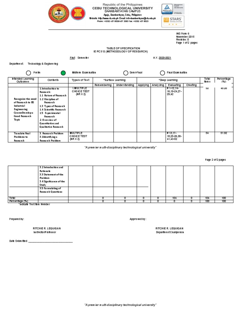 Sample Table of Specifications | PDF | Science And Technology ...