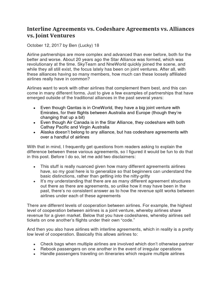 Interline Agreements vs. Codeshare Agreements vs. Alliances vs. Joint ...