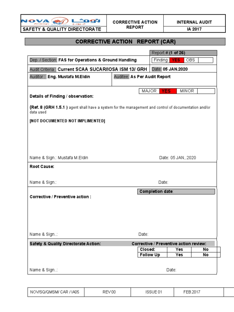 Corrective Action Report (Car) : Safety & Quality Directorate | PDF ...