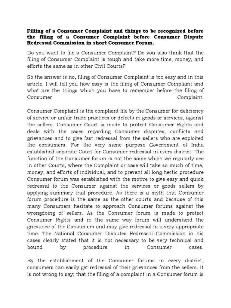 Filling of A Consumer Complaint and Things To Be Recognized Before The ...