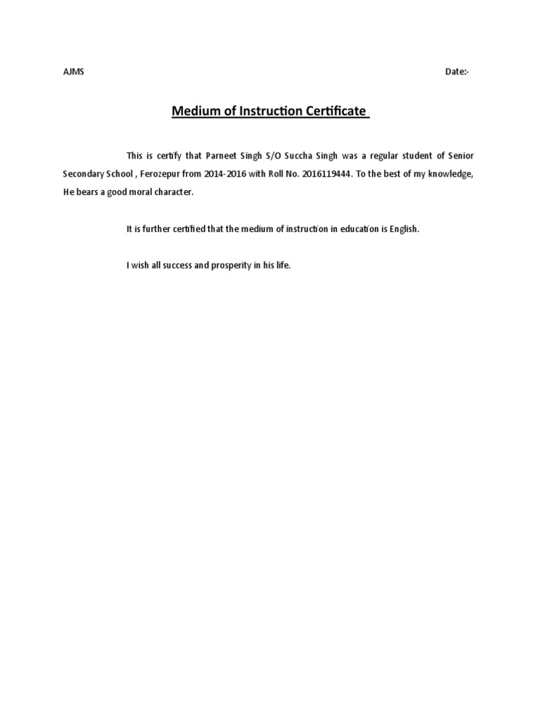 Medium of Instruction Certificate Pa | PDF