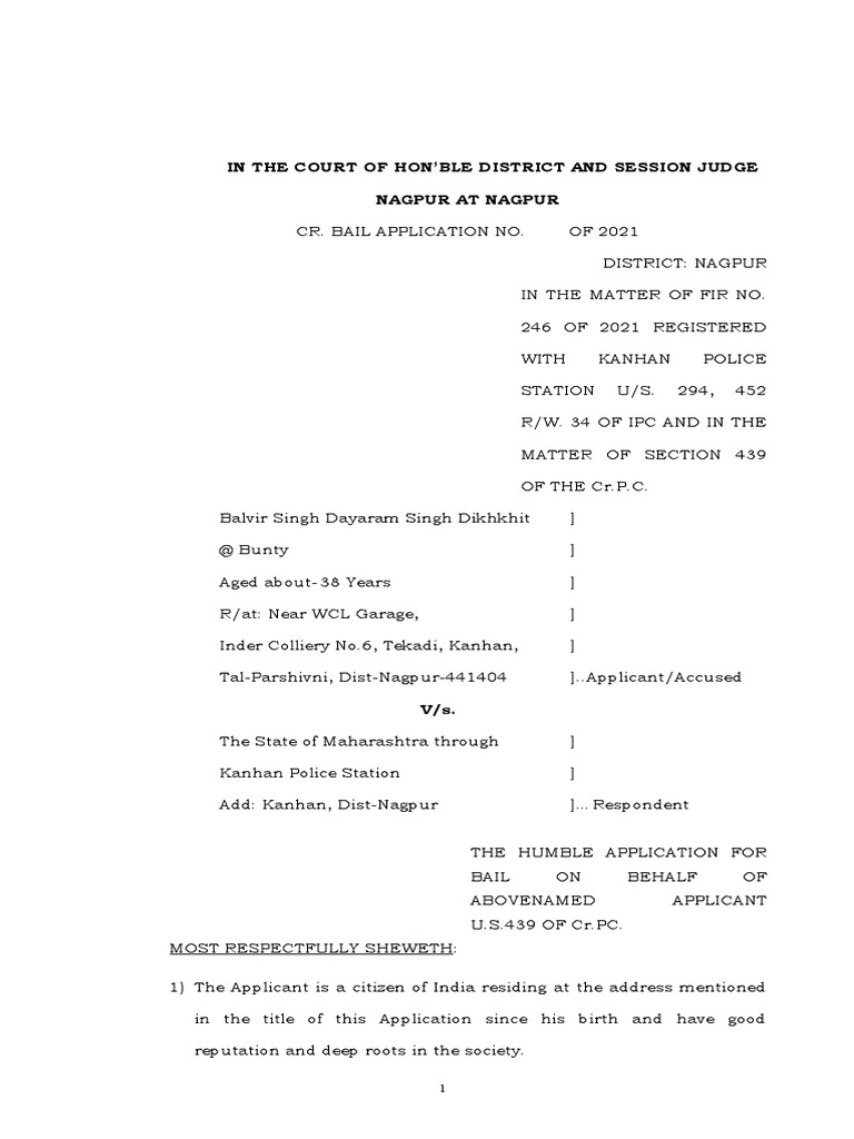 Bail Application | PDF | Bail | Crime & Violence