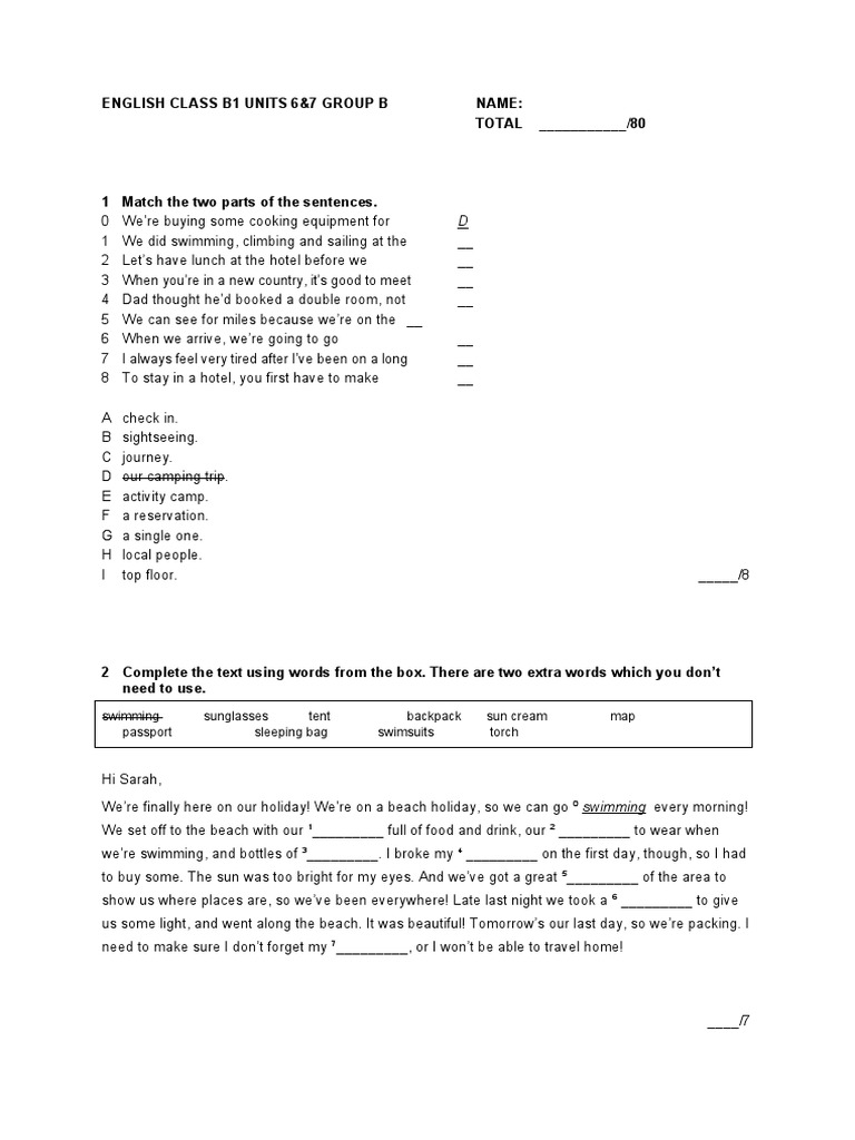 English Class B1 Units 6&7 Group B Name: TOTAL - /80 | PDF