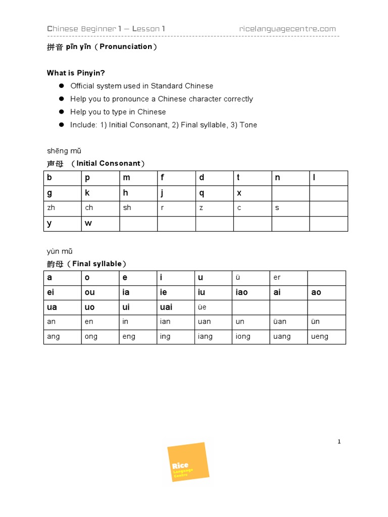 Lesson 1 - Chinese Beginner 1 | PDF | Pinyin | Human Voice