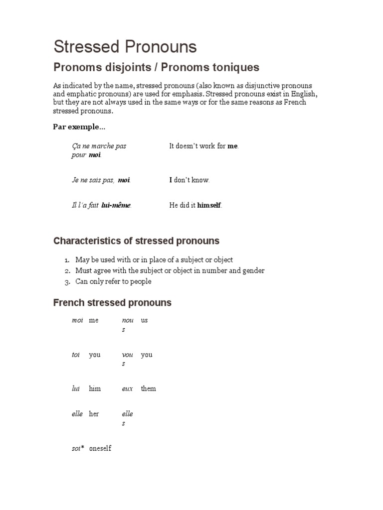 Stressed Pronouns: Pronoms Disjoints / Pronoms Toniques | PDF ...