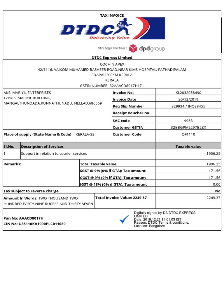 Digitally Signed by DS DTDC EXPRESS Limited Date: 2019.12.21 14:01:03 ...