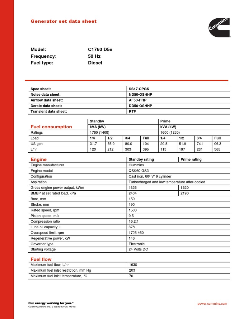 Model: C1760 D5e Frequency: 50 HZ Fuel Type: Diesel: Generator Set Data Sheet | PDF | Engines ...