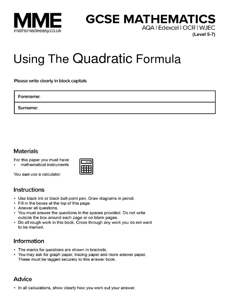 Quadratic Formula Questions MME | PDF | Quadratic Equation | Applied ...