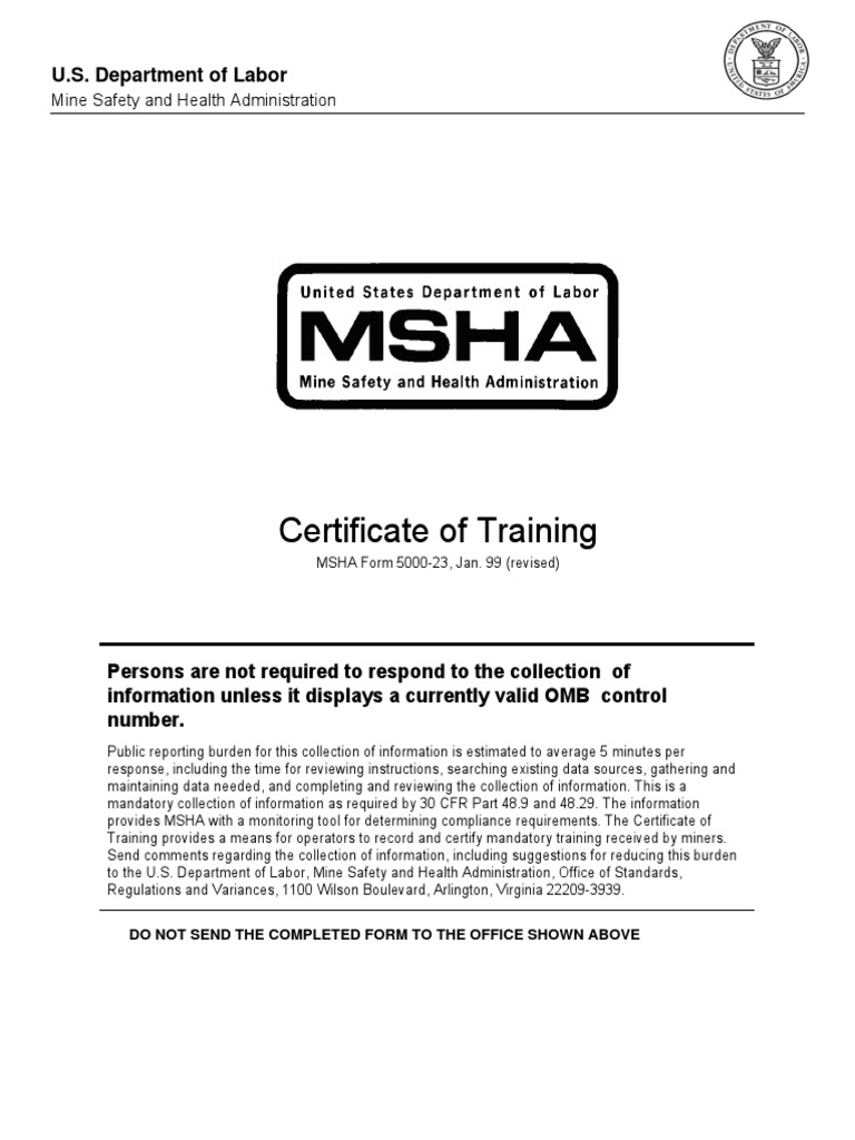5000-23 Certificate of Training - (OMB) | PDF | Mining | Occupational ...