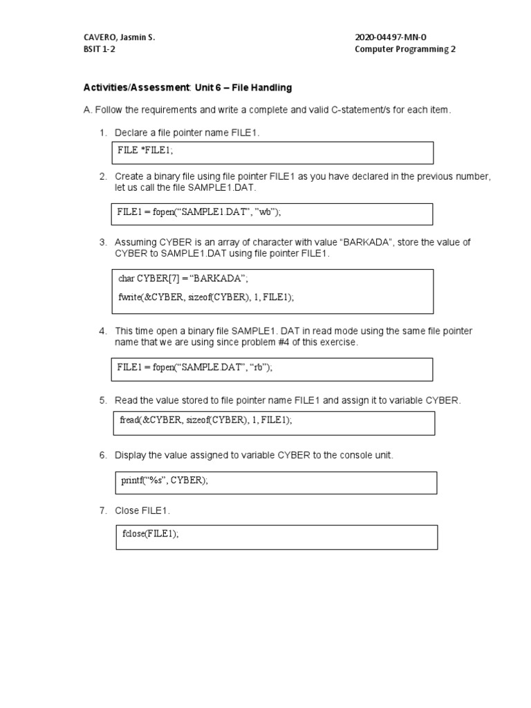 UNIT 6 - FILE HANDLING - Activities | PDF