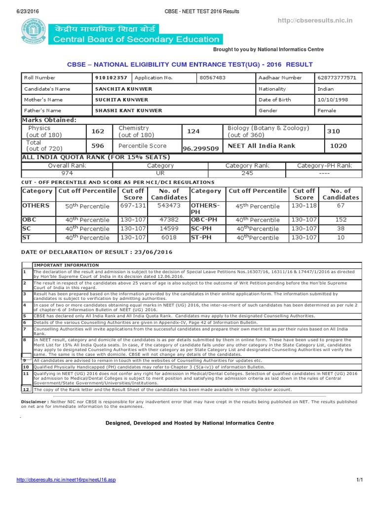 CBSE - NEET TEST 2016 Results | PDF | Government