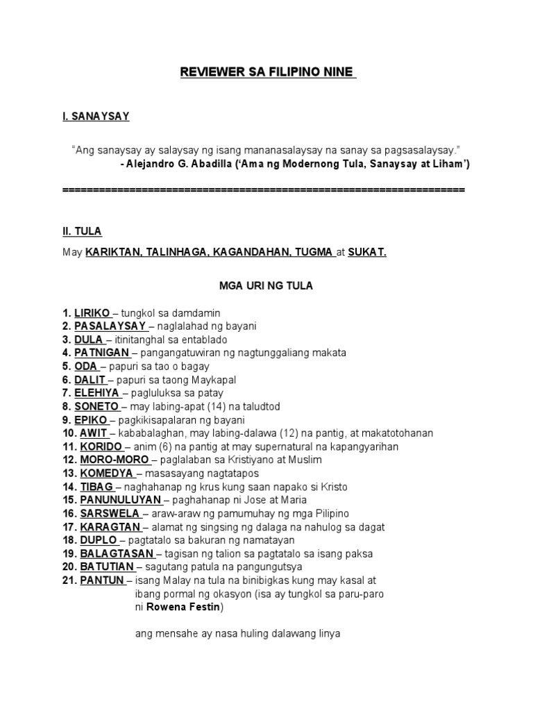 Reviewer Sa Filipino Nine | PDF