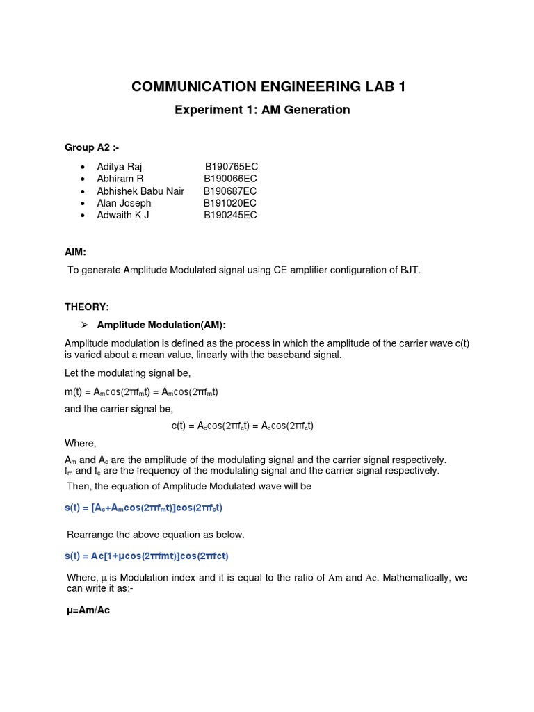 Communication Engineering Lab 1: Experiment 1: AM Generation | PDF ...