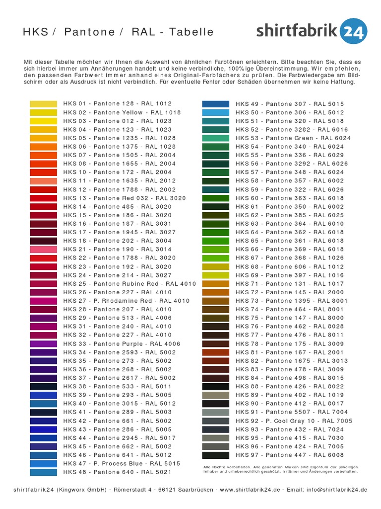 HKS To Pantone To RAL Farbtabelle | PDF HKS To Pantone To RAL Farbtabelle | PDF