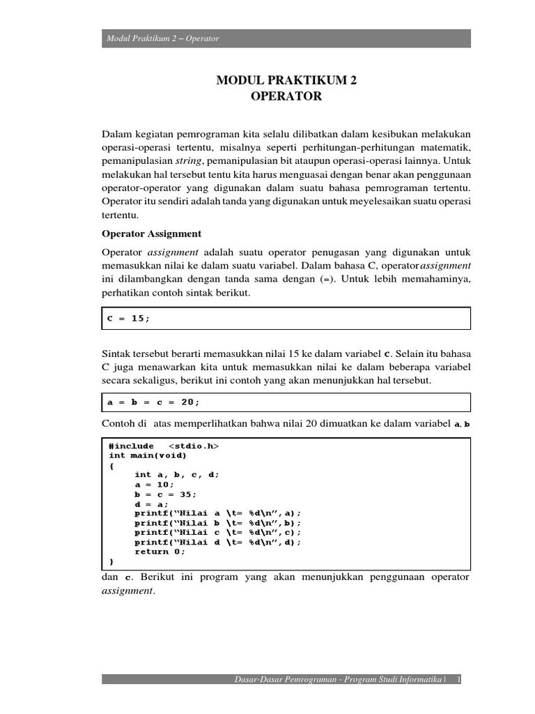 Modul Praktikum 2 Operator | PDF | Komputer