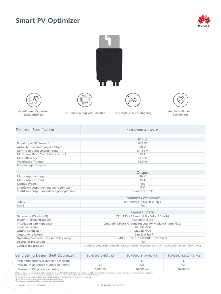Huawei Optimizador 450W P | PDF | Solar Panel | Power Inverter