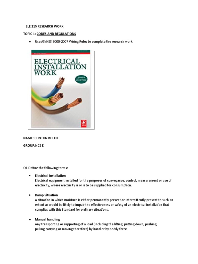 Ele 215 Research Work Topic 1: Codes and Regulations | PDF | Electrical ...
