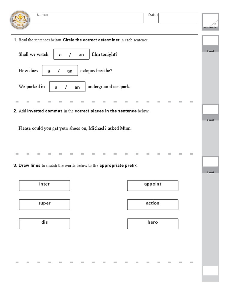 Year 3 English Grammar and Punctuation Test 5 | PDF | English Grammar ...