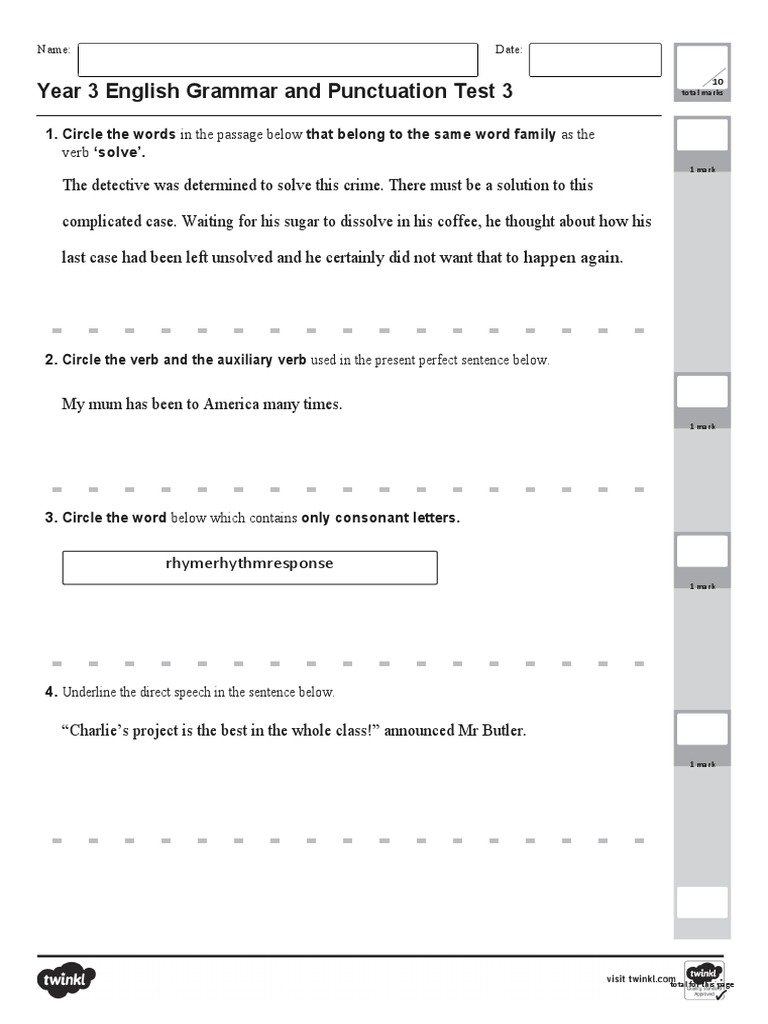 Year 3 English Grammar and Punctuation Test 3 | PDF | English Grammar ...