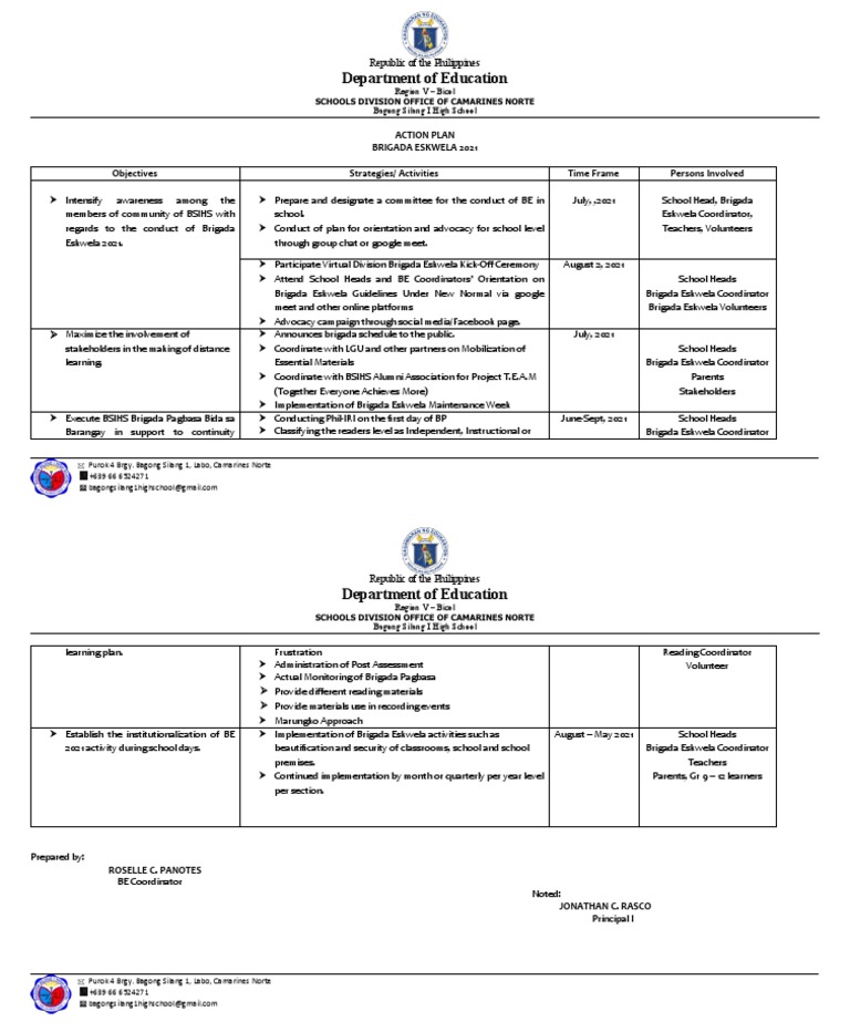 Department of Education: Action Plan Brigada Eskwela 2021 Objectives ...