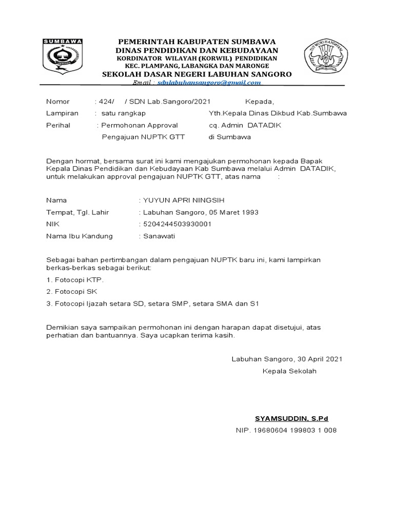 Contoh Surat Pengajuan Nuptk 2019 | PDF