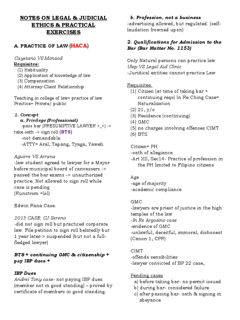 Notes On Legal & Judicial Ethics & Practical Exercises: A. Practice of ...