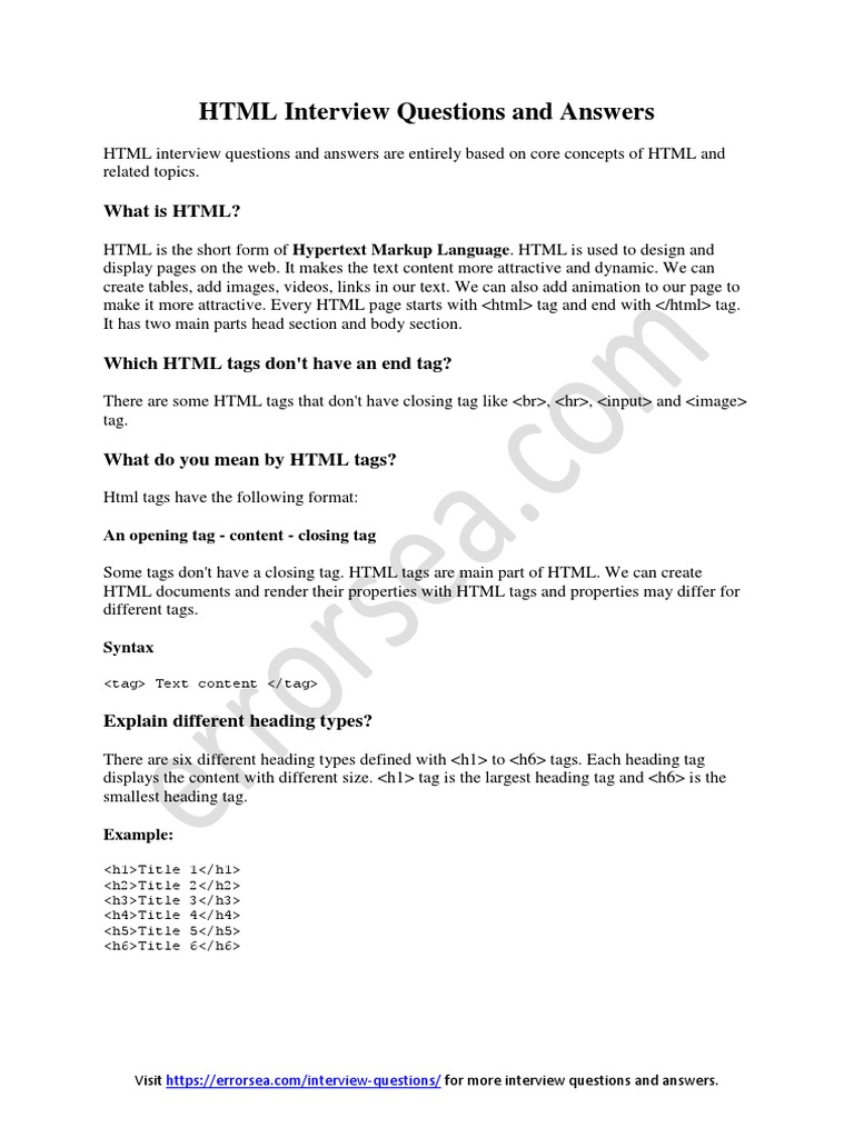 HTML Interview Questions and Answers For Experienced and Freshers | PDF | Html Element | Html
