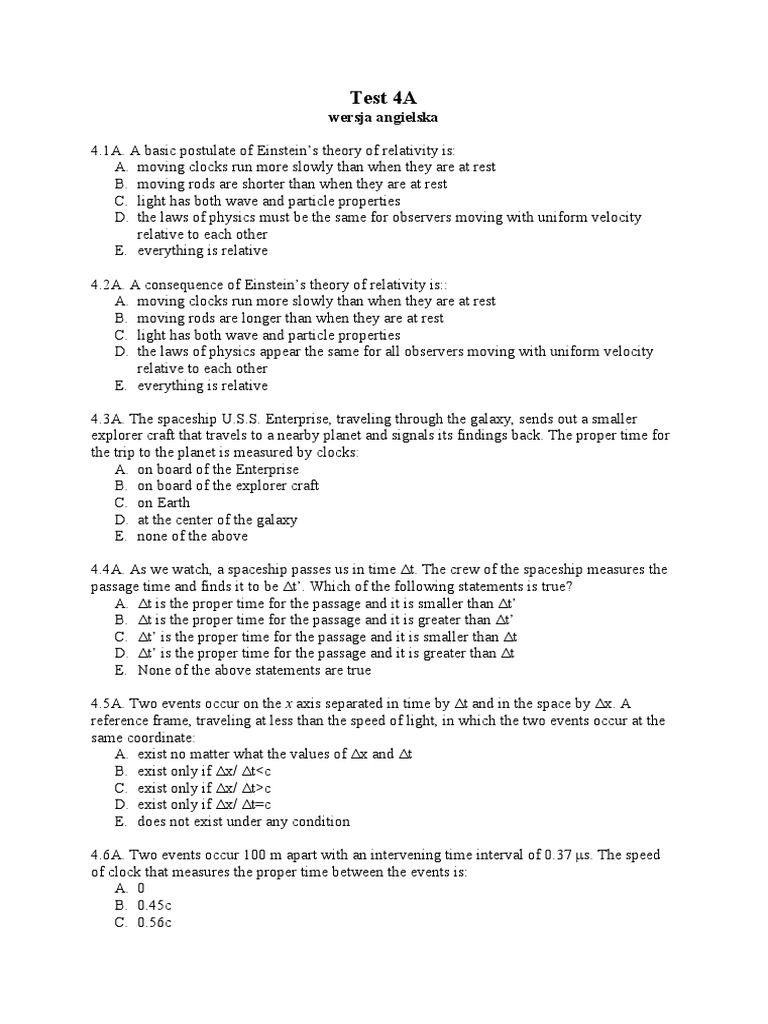 Einstein's Theory of Relativity Test Questions | PDF | Time | Special ...