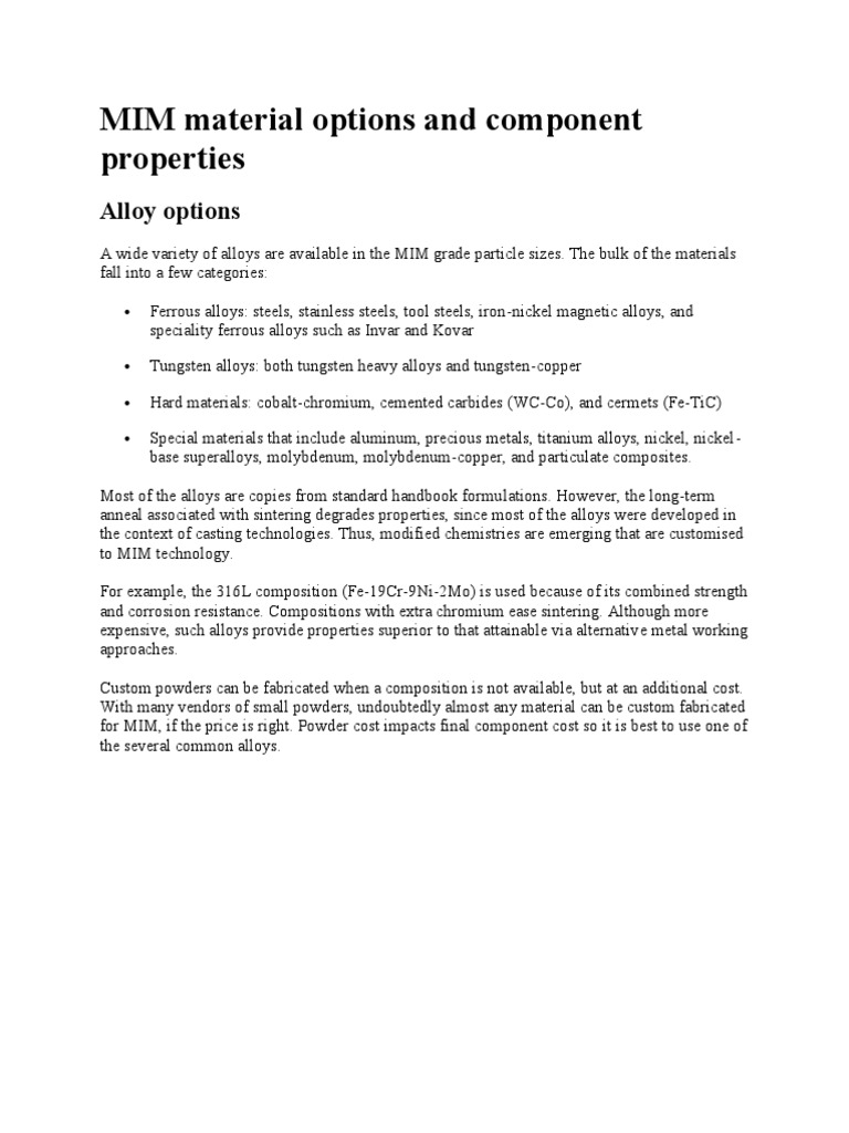 Metal Injection Molding Material Properties | Download Free PDF ...