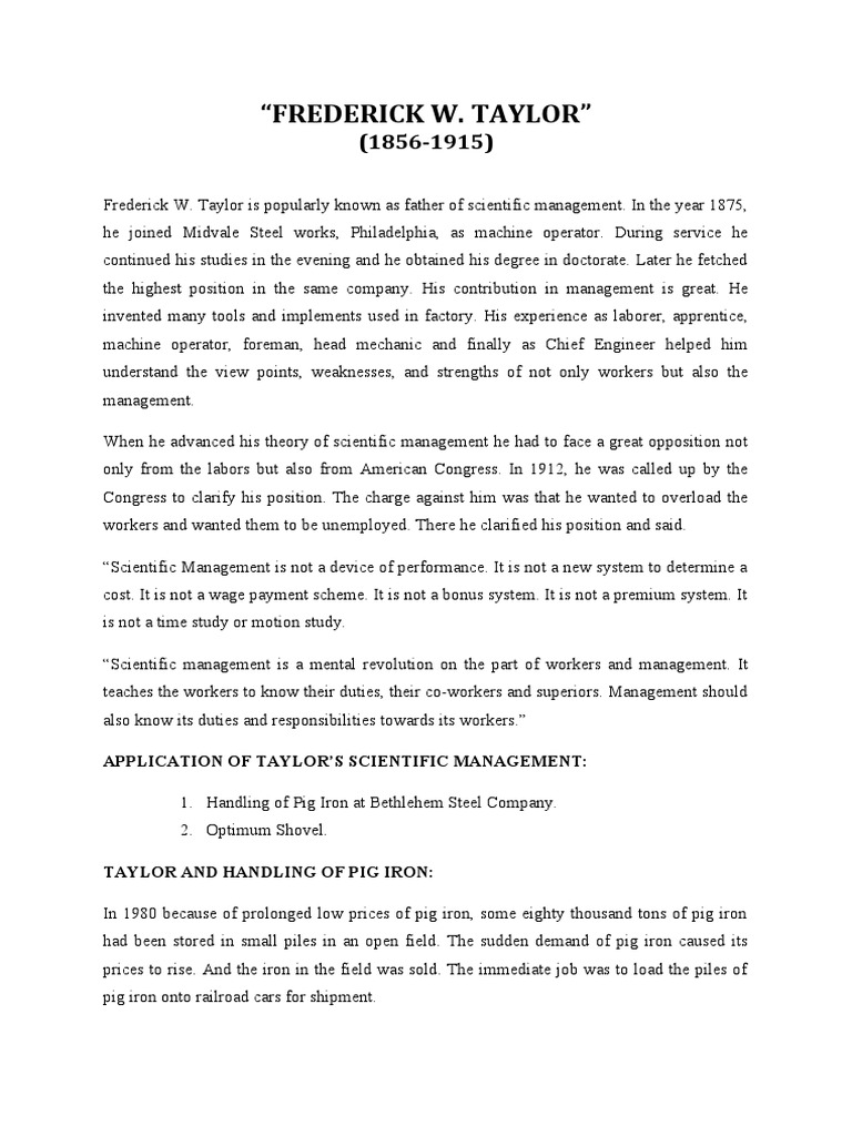 "Frederick W. Taylor": Application of Taylor'S Scientific Management ...