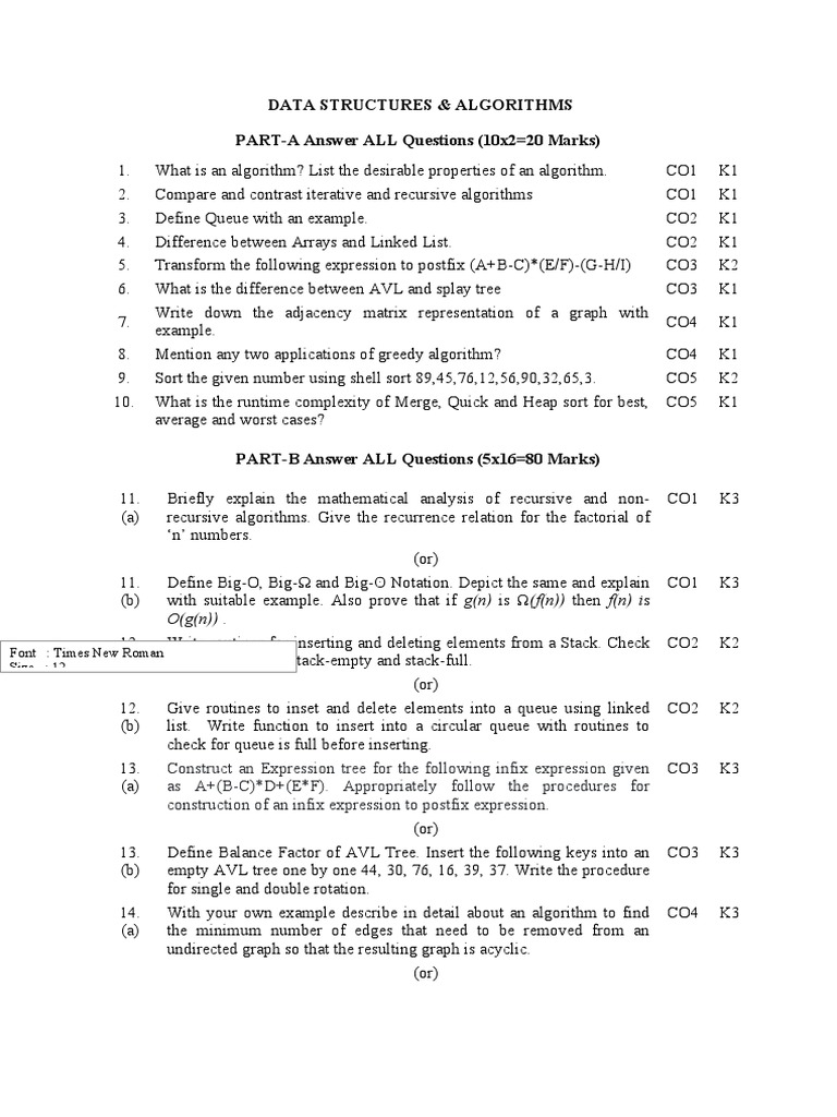 Data Structures And Algorithms Part A Answer All Questions 10x2 20 Marks Pdf Mathematical