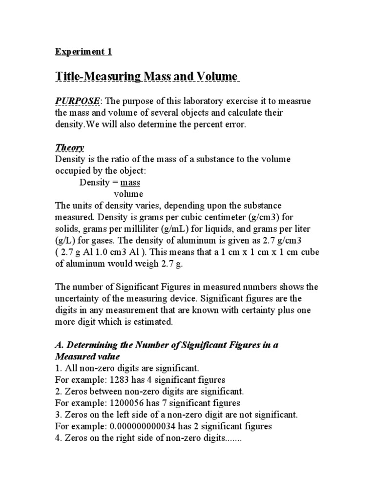 Exp 1 Measuring-Mass-and-Volume | PDF | Significant Figures | Density