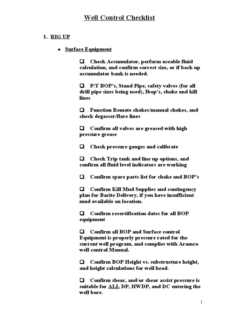 Well Control Procedures Checklist | PDF | Casing (Borehole) | Pump