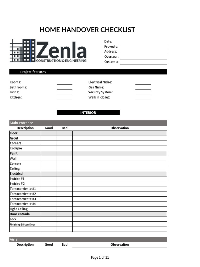 HandOver Checklist para Inspeccion | PDF | Door | Window