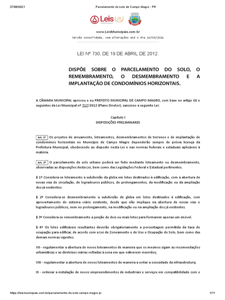 Parcelamento do Solo em Campo Magro - PR | PDF | Conselho de Segurança ...