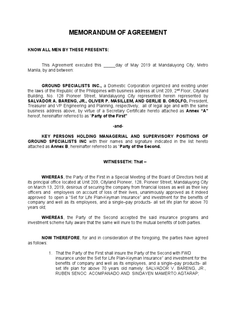 MOA Sample | Download Free PDF | Insurance | Private Law