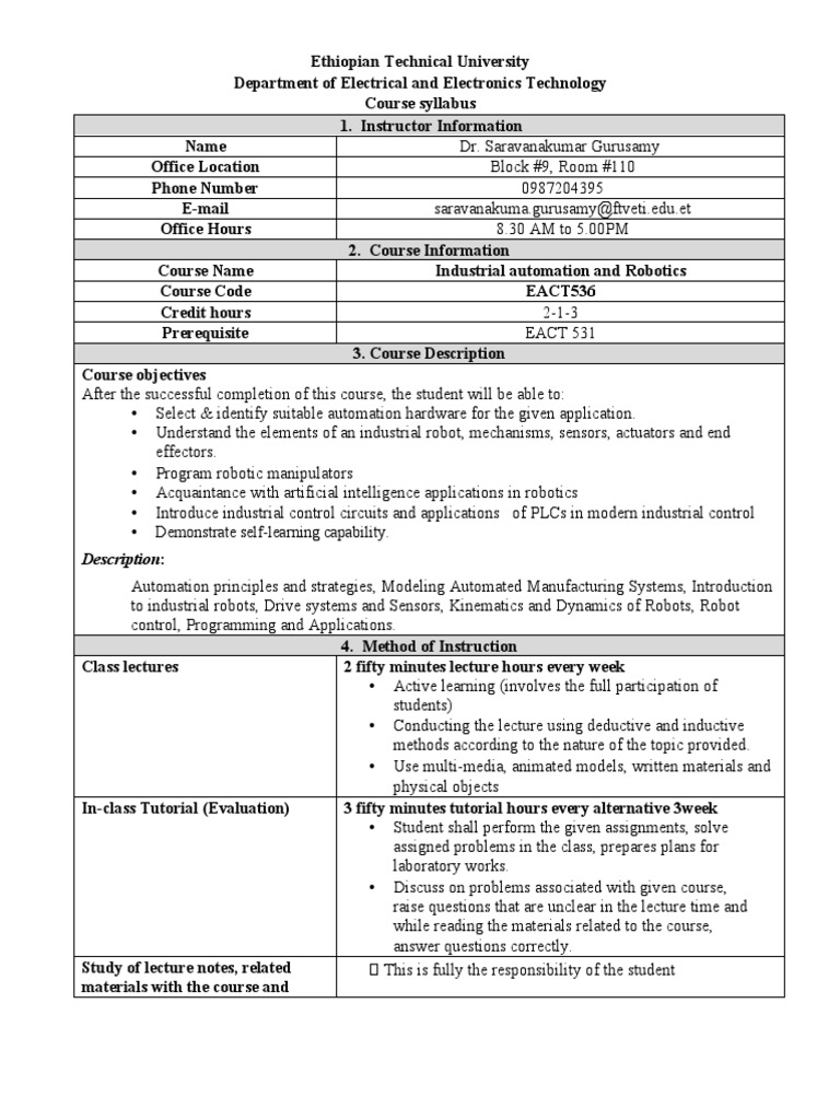 EACT536 - Industrial Automation and Robotics - CoursePlan | PDF ...