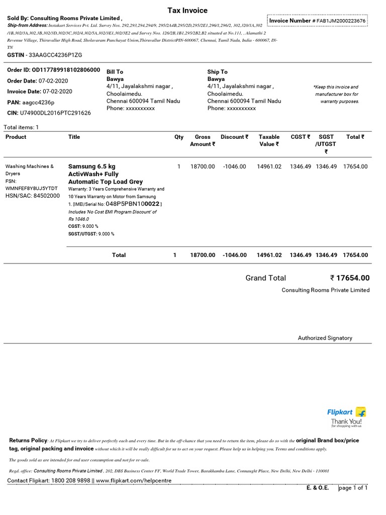 Detailed tax invoice for the sale of one Samsung 6.5 kg fully automatic ...