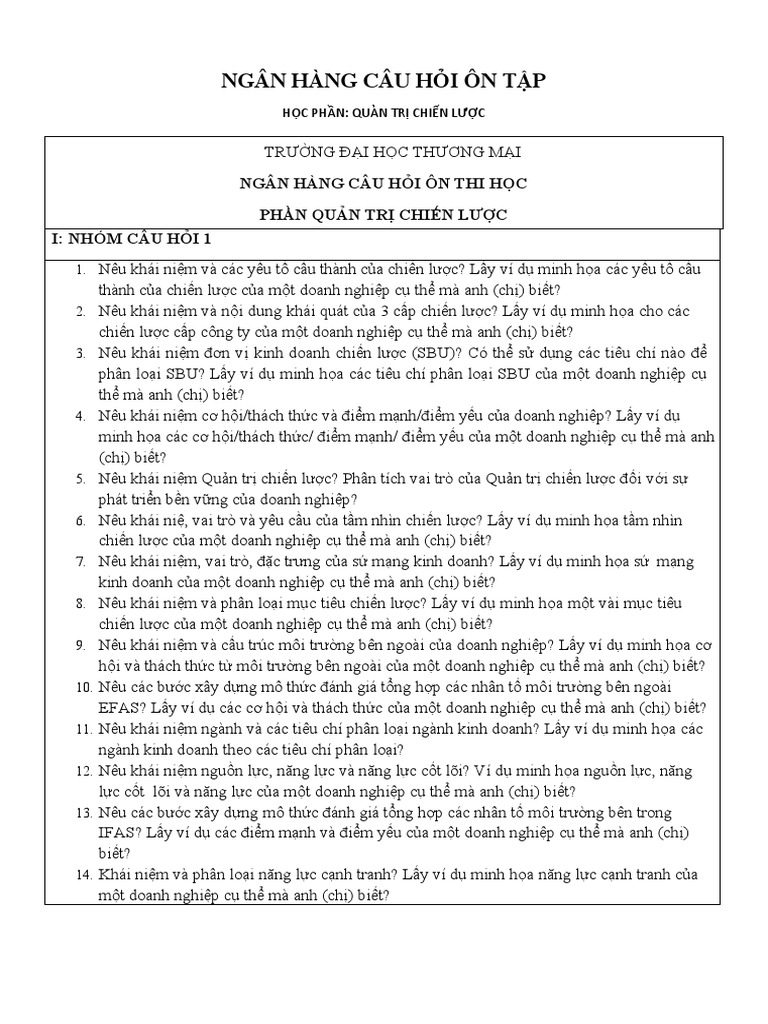 (123doc) - De-Cuong-On-Tap-Quan-Tri-Chien-Luoc-Moi-Nhat-Tmu | PDF