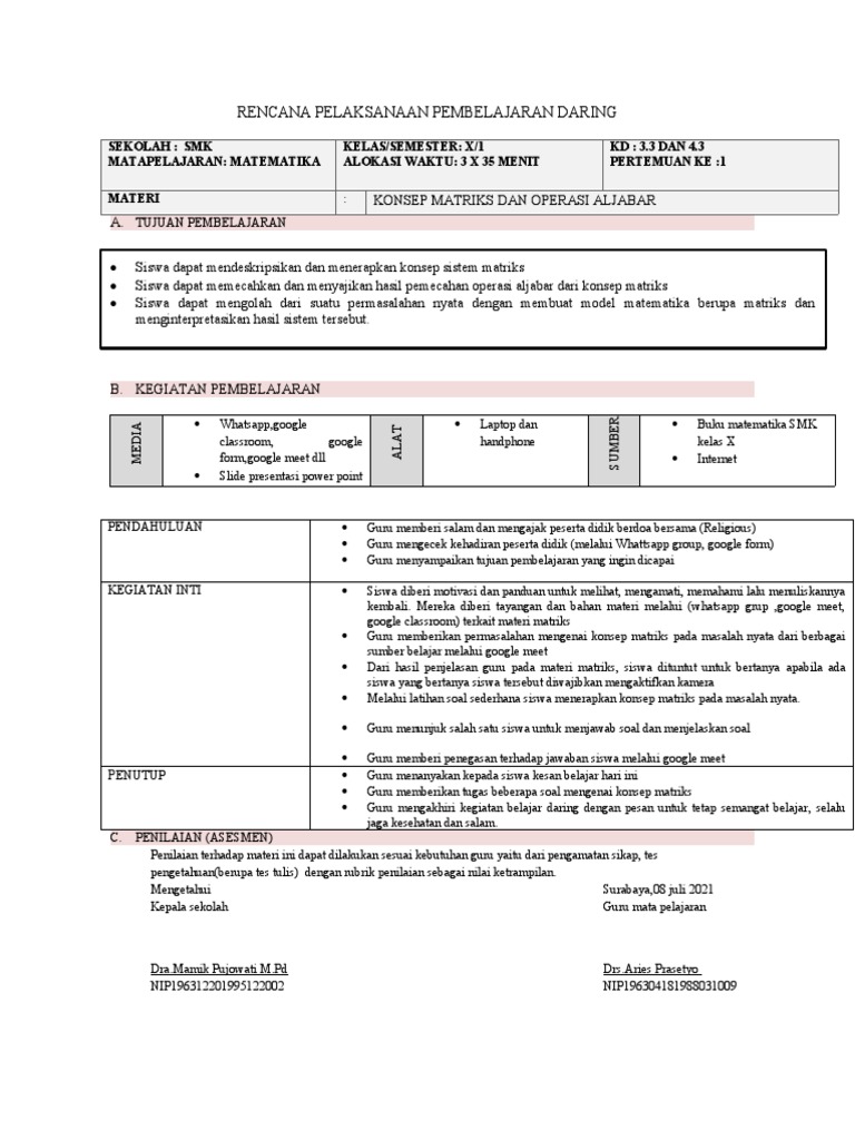 RPP Daring Matriks | PDF