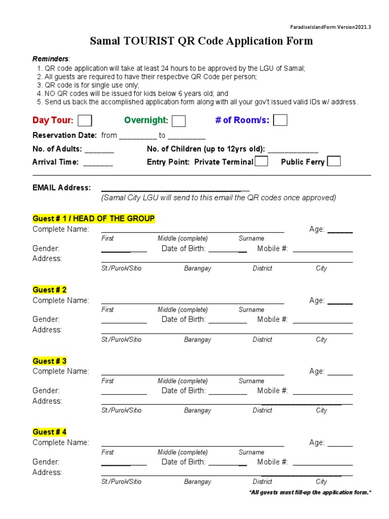 Samal TOURIST QR Code Application Form: Day Tour | PDF | Qr Code ...