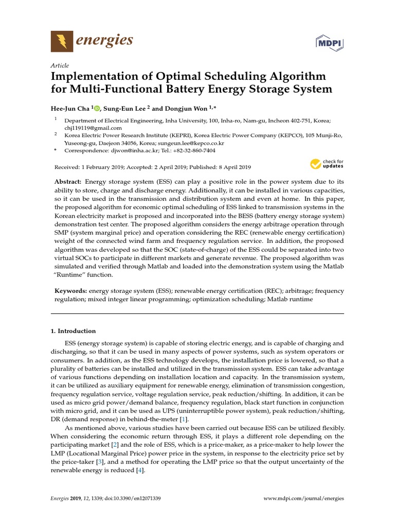 Energies: Implementation of Optimal Scheduling Algorithm For Multi-Functional Battery Energy ...