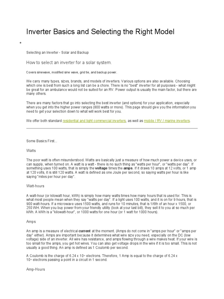 Inverter Basics and Selecting The Right Model | PDF | Power Inverter ...