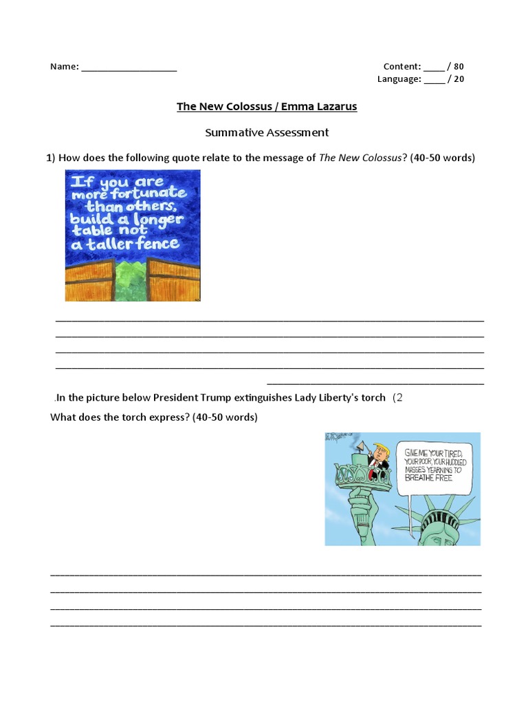 The New Colossus Assessment Worksheet | PDF
